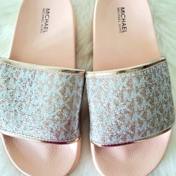 Michael Kors | Shoes | Michael Kors Pink Shiny Slides Slippers 4 Or 5 ...
